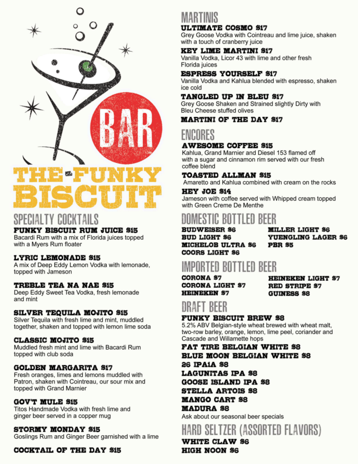 Specialty Cocktail & Beer List : The Funky Biscuit